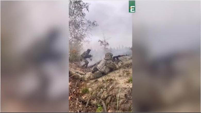 Dramatic Fighting with the enemy between forest strips, conducting ...